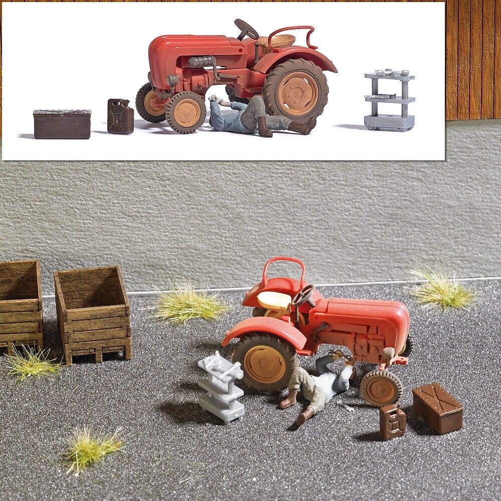 Busch 1/87 HO Scale Tractor Repair w/ Mechanic Figure & Accessories -A ...